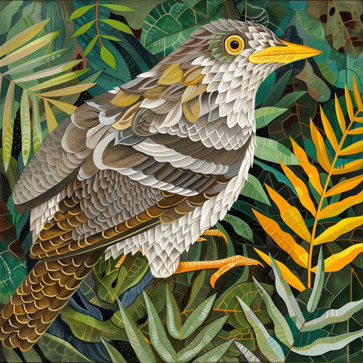 Yellow billed cuckoo with intricate feather patterns in lush forest ...