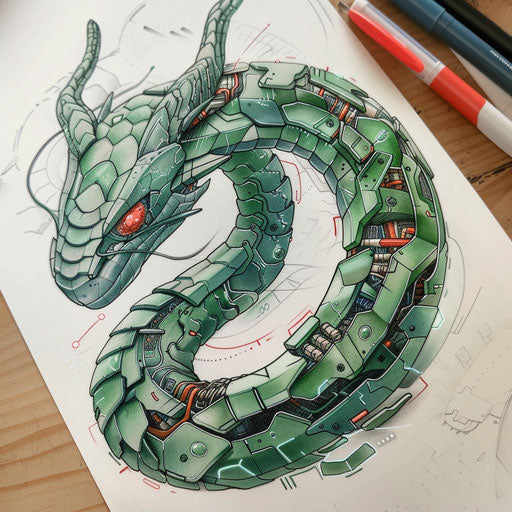 Mechanical serpent tattoo design with circuit board scales, glowing ...