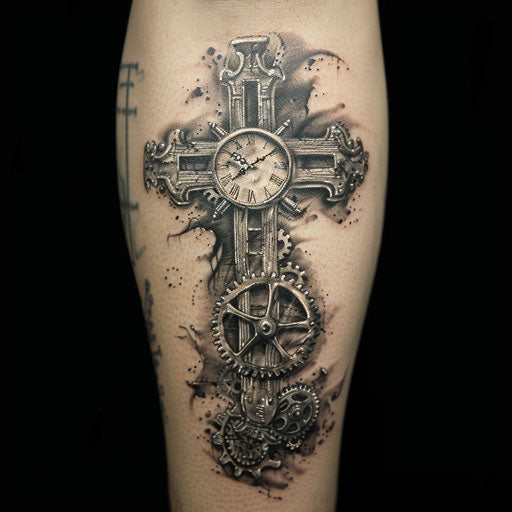 Strength cross tattoo with clock and gears – IMAGELLA