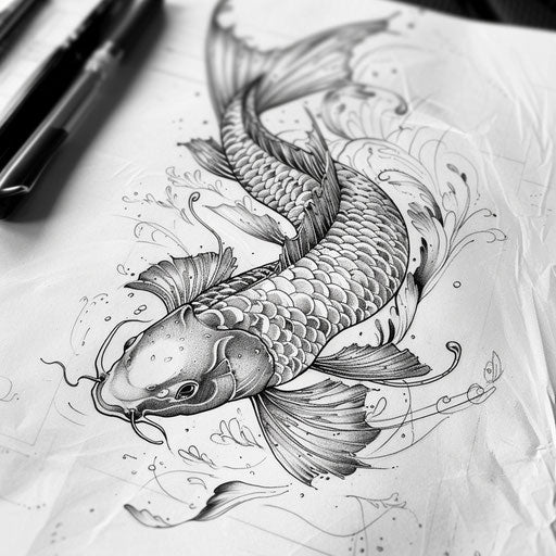 Elaborate sketch of an oriental koi fish with delicate lines and subtle ...