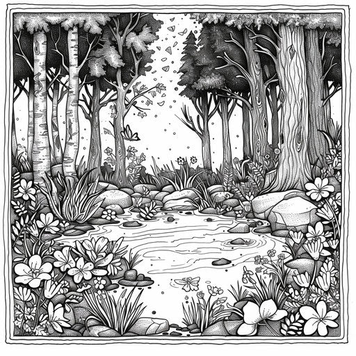Tranquil forest coloring page, Teagan White style – IMAGELLA