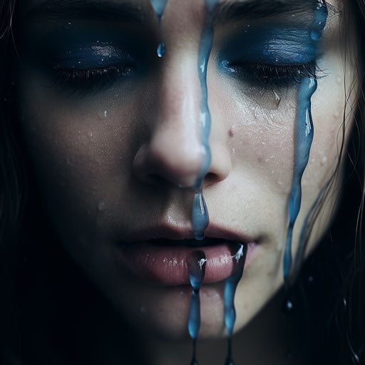 Tears falling on her face, dark azure and white style, poignant ...