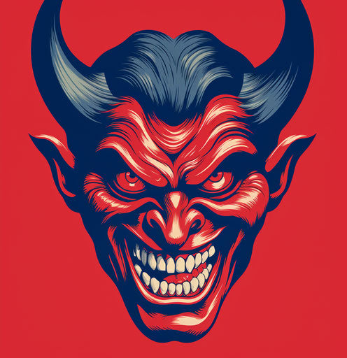 Devil's head with wings, exaggerated caricature style, teethcore, red ...