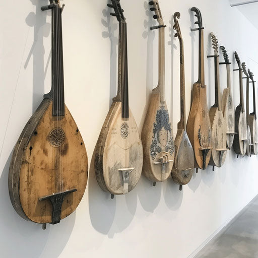 Chinese musical instruments as black ink tattoos on white wall – IMAGELLA