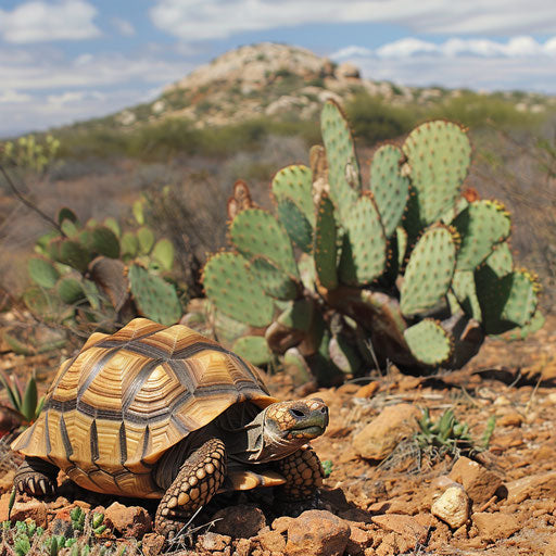 Texas tortoise in front of towering cactus – IMAGELLA