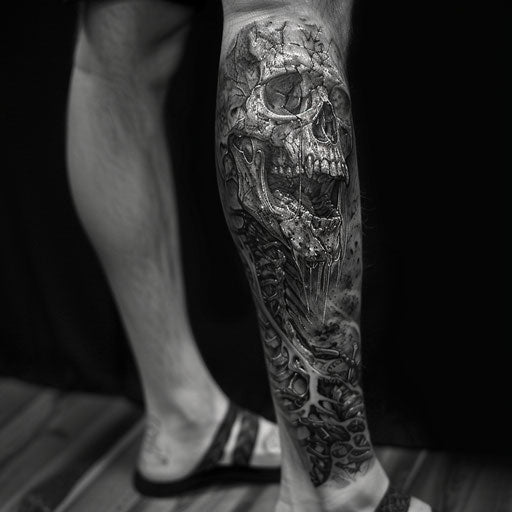 Dark and gritty leg sleeve tattoo with symbolic imagery – IMAGELLA