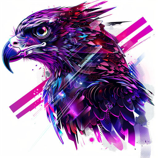 Futuristic cyberpunk hawk with neon colors on white digital backdrop ...