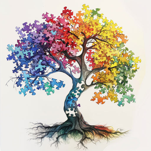 Tree with autism puzzle pieces leaves in spectrum of colors – IMAGELLA