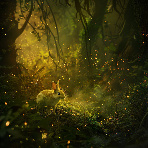 Nocturnal adventure of a rabbit illuminated by glow worms in a mystical ...