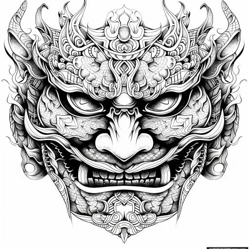 Oni face in black and white with intricate patterns on white canvas ...