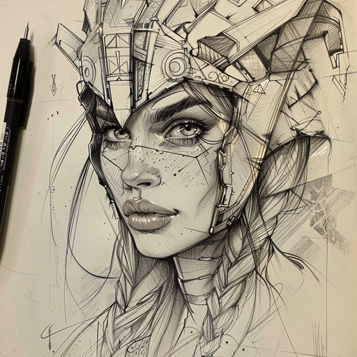Futuristic flat tattoo sketch featuring Freya as a warrior in a sci-fi ...