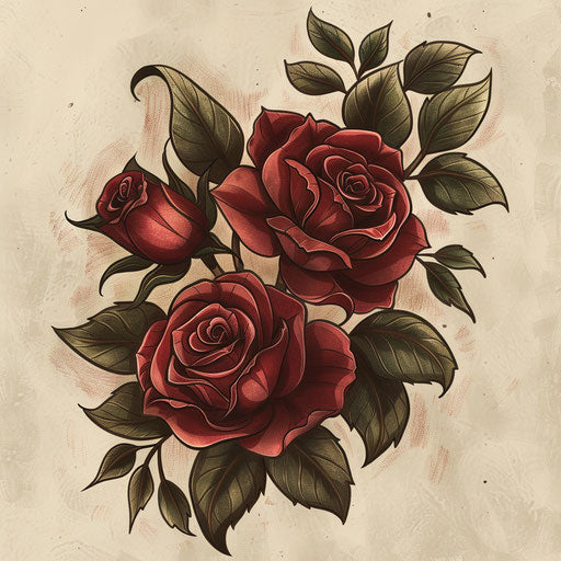 Romantic tattoo sketch of intertwined roses, lush reds and greens with ...