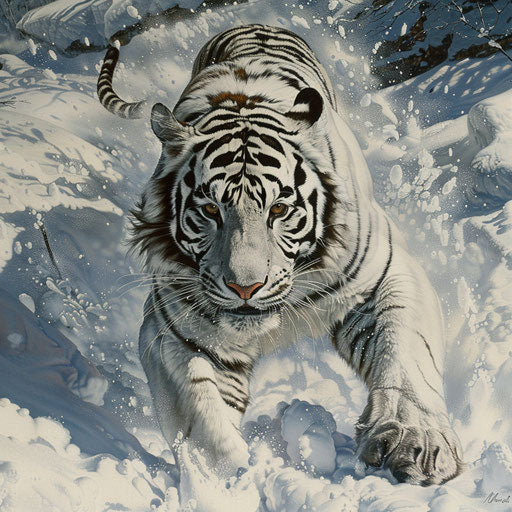 The intense hunt of a white tiger in a snowy terrain – IMAGELLA