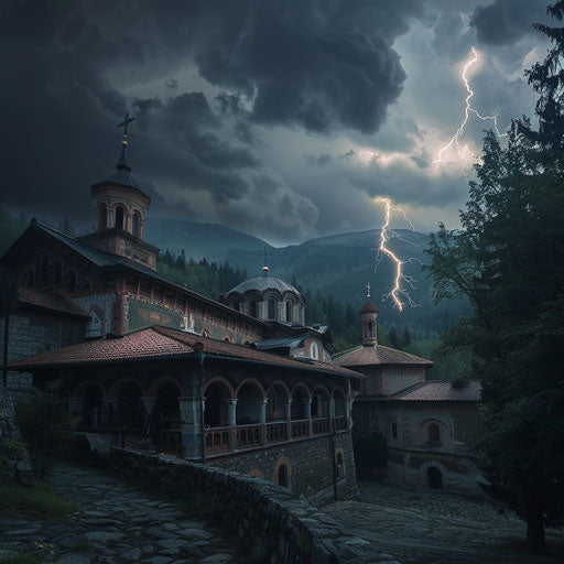 Rila Monastery in a storm, dramatic lightning – IMAGELLA