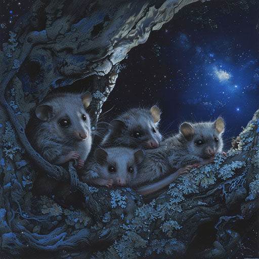 Family of mountain pygmy possums in a den under a starry sky – IMAGELLA