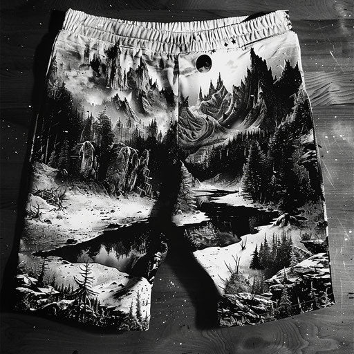 Snowboarding shorts with thermal layers, gothic art style in black and ...