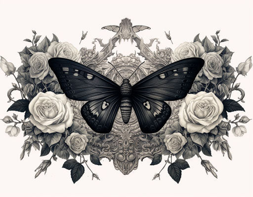 Butterfly and roses, black and white illustration, punk rock aesthetic ...
