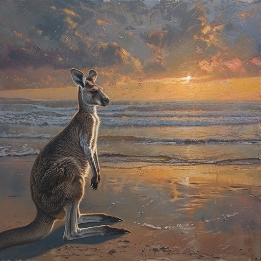 Lonely grey kangaroo on sandy beach at sunset – IMAGELLA