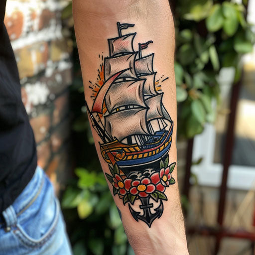Forearm tattoo with ship and anchor, Sailor Jerry style – IMAGELLA
