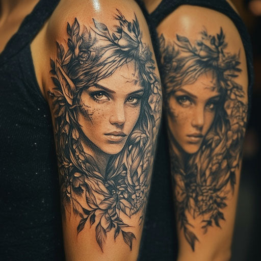 Half sleeve tattoos for women, forest nymph with flowing hair and ...