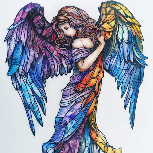 A guardian angel tattoo in a stained glass style, with vibrant ...