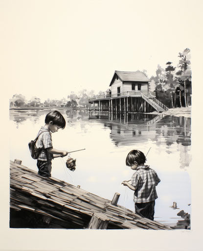 Two boys playing fishing on the dock, meticulous inking style, pretty ...