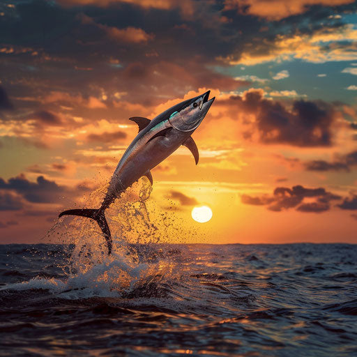 Yellowfin tuna leaping out of the water during a spectacular sunset ...