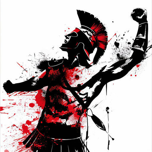 Spartan warrior in battle cry, red and black ink silhouette on clean ...
