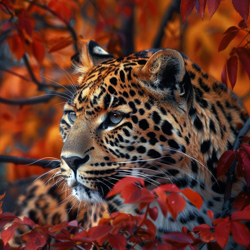 Striking contrast of an Amur leopard's spotted fur against autumn ...