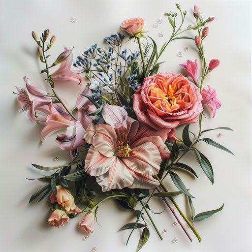 Hyper-realistic bouquet of flowers with dewdrops on white canvas – IMAGELLA