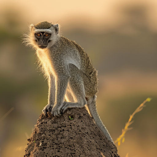 Vervet monkey standing on termite mound in morning light – IMAGELLA