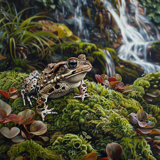 Western leopard toad in a carpet of vibrant green moss, with a ...