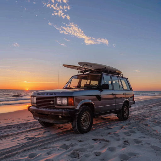 Vintage Range Rover with surfboards, sandy beach at sunset – IMAGELLA