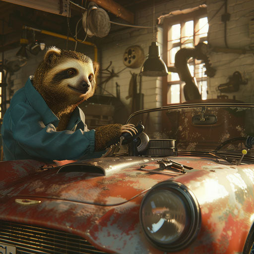 Sloth mechanic of vintage car in sunlit garage – IMAGELLA