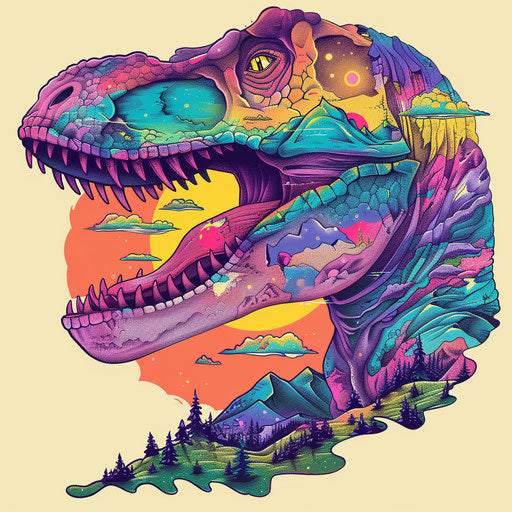 Surreal flat tattoo sketch of a T rex morphing into a landscape ...