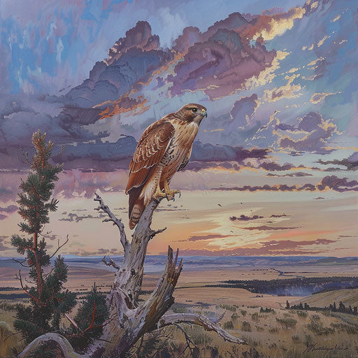 A Swainson's hawk majestically perched on a rugged, windswept pine ...