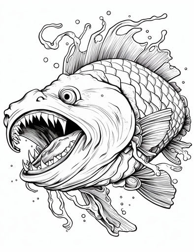 A bitten fish, letterboxing style, heavy outlines, scientific accuracy ...