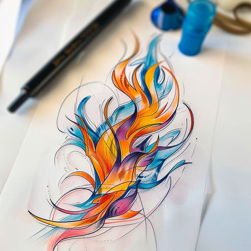 Modern abstract flame tattoo design with neon colors on white ...