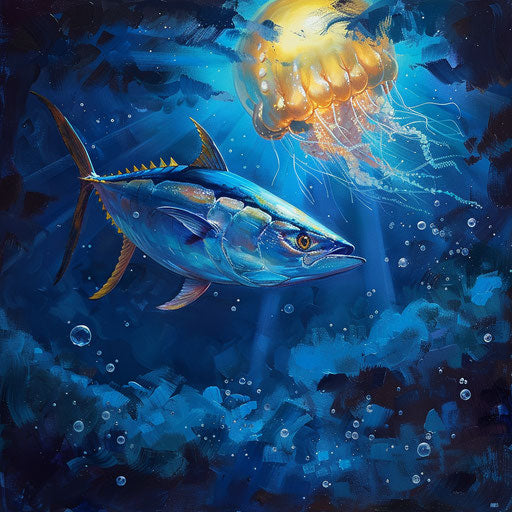 Lonely yellowfin tuna under jellyfish glow in moonlit underwater – IMAGELLA