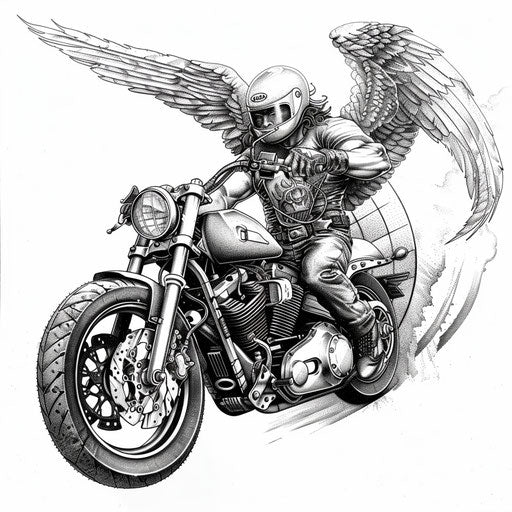 Archangel Michael with a futuristic motorcycle, dotwork on white background – IMAGELLA