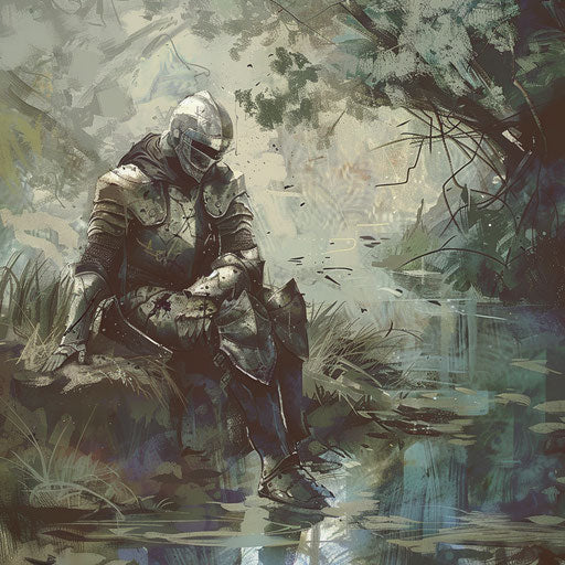 Impressionist tattoo sketch of a knight resting by a creek – IMAGELLA