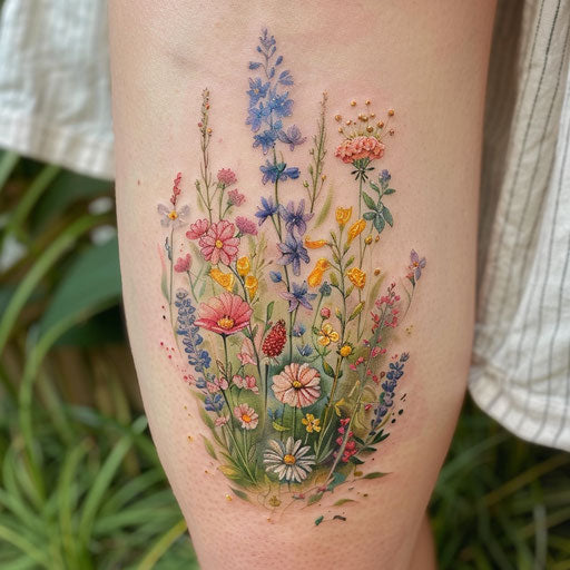 Wildflower meadow tattoo, pastel colors, soft shading – IMAGELLA