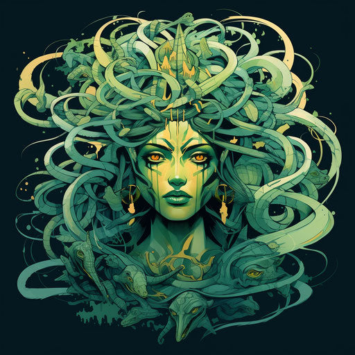 The head of Medusa with green snakes, organic geometric style ...