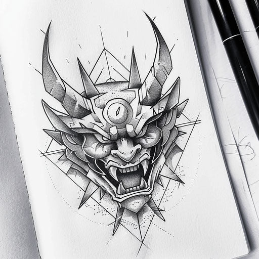 Geometric oni tattoo design, blending traditional imagery with modern ...
