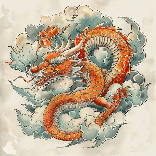 Artistic sketch of a traditional dragon tattoo curling around a cloud ...