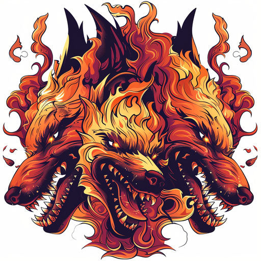 Intricate flat tattoo sketch of a Cerberus with three heads, fiery red ...