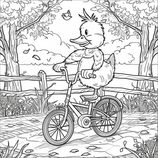 Comical duck on unicycle in park. Coloring book page – IMAGELLA