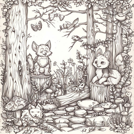 Whimsical woodland scene with happy forest creatures in the style of ...