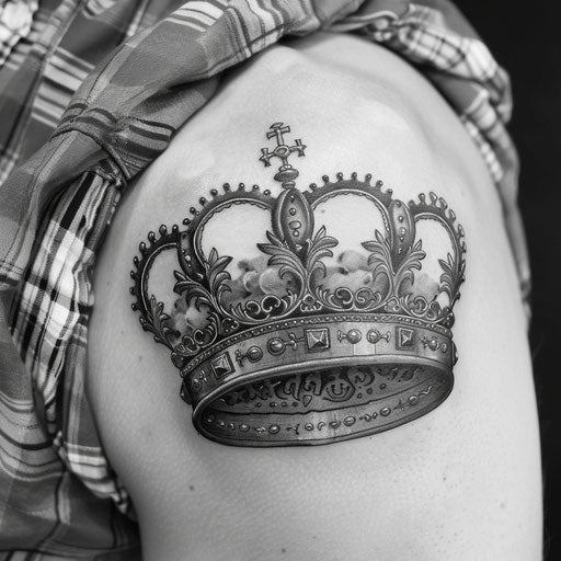Surreal king crown tattoo mixing clockwork and clouds in grayscale on ...