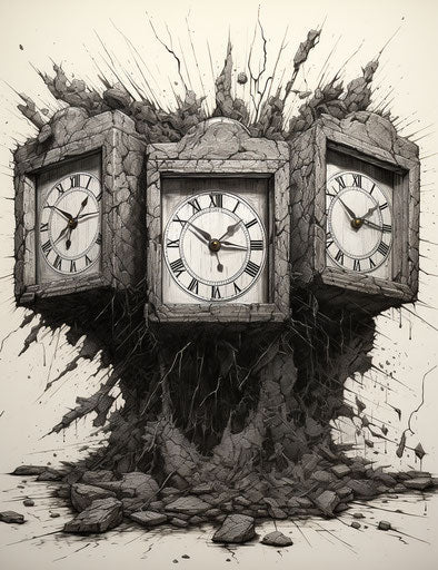 Three clocks forming a square clock design by artist Katie, graphite ...